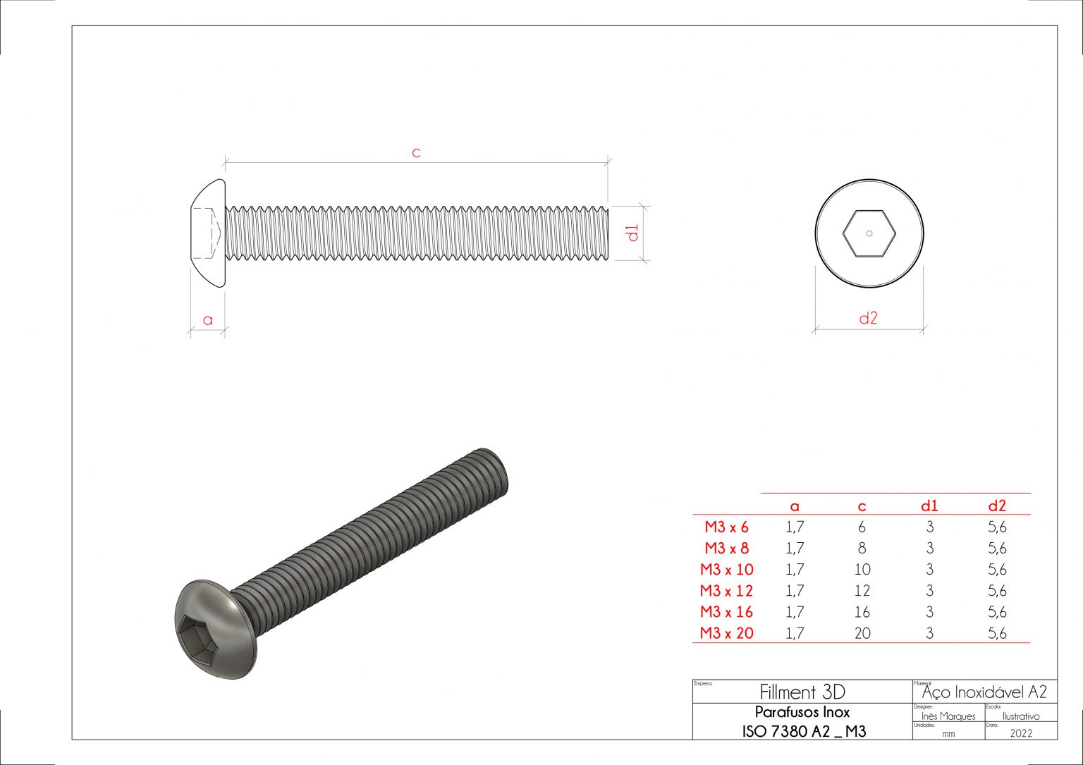 Parafuso ISO 7380 M3 A2 - Aço Inoxidável 304 | Fillment3D